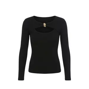 MONLICIA Long Sleeve Cutout Top With Gold Detail - Black