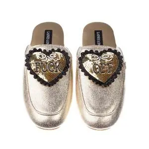 LAINES LONDON Classic Mules With Heart Brooches - Gold