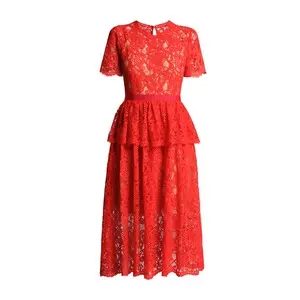 RUMOUR LONDON Lucia Lace Peplum Midi Dress - Red