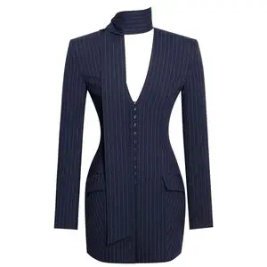 MISS CIRCLE NEW YORK Pinstripe Blazer Dress With Scarf Collar - Blue
