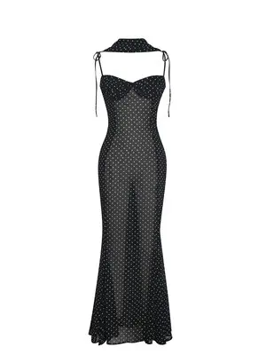 MISS CIRCLE NEW YORK Polka Dot Chiffon Maxi Dress With Scarf - Black