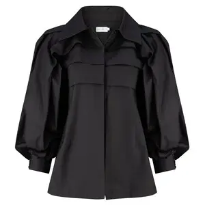 DREF Cotton Shirt With Pleated Balloon Sleeves - Black
