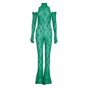 SARAH REGENSBURGER Lace Catsuit With Gloves - Green