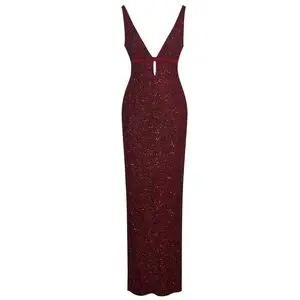 MISS CIRCLE NEW YORK Sequin Beaded Keyhole Maxi Dress - Red