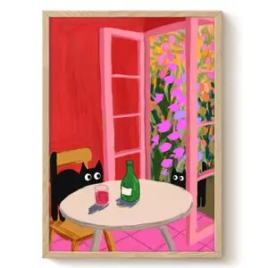 THE PAPER TAIL Come In For Wine Cat Art Print Large - Red