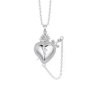 VANIMY Flaming Heart With Dagger Pendant Necklace - Silver