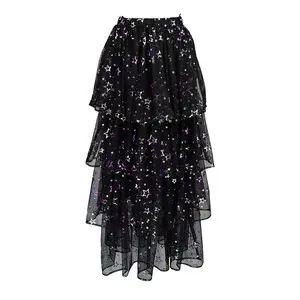 JENNAFER GRACE Metallic Star Print Tiered Maxi Skirt