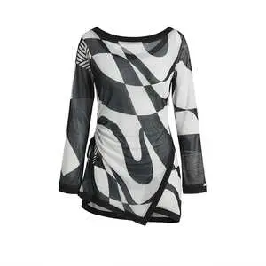 SEROTONE SWIM Asymmetric Geometric Print Mesh Dress - Black