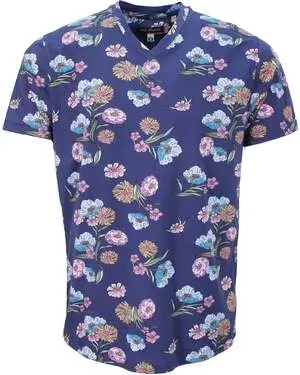 LORDS OF HARLECH Maze Spaced Floral V-neck Tee Navy - Blue