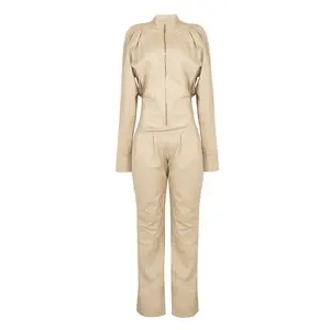 PALOMA LIRA Leather Jumpsuit With Zipper And Padded Shoulders - Beige/black