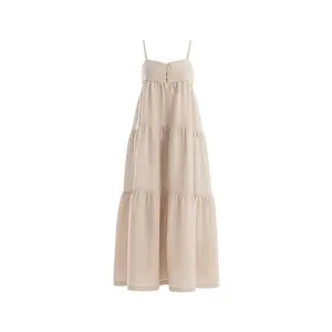 Haris Cotton Maxi Strapped Linen Dress With Buttons - Brown