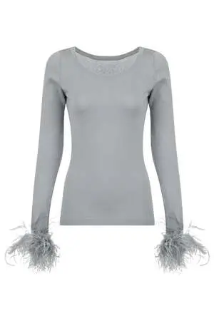ANDREEVA Long Sleeve Knit Top With Feather Trim
