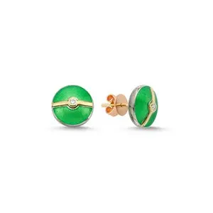 ECCE ARTISAN DIAMONDS Enamelled Mini Multi Diamond Buttons 14k Yellow Gold Earrings - Green