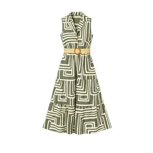 YUMI Viscose Geo Print Midi Shirt Dress With Belt - Green