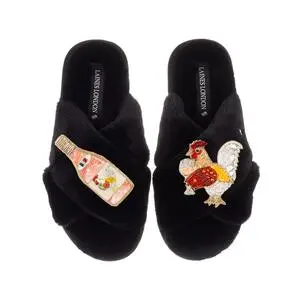 LAINES LONDON Classic Slippers With Brooches - Black