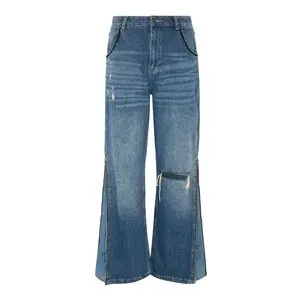 LIMAR Side-zip Sketch Print Wide Leg Denim Jeans