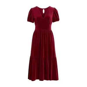 YUMI Velvet Midi Dress - Red