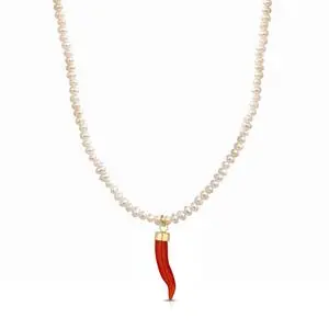 UNALOE Baroque Pearl Necklace With Coral Cornicello - Gold/white/red