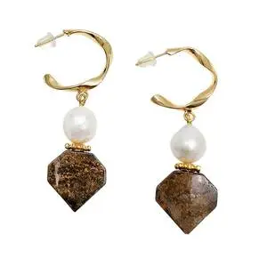 FARRA Geometric Tiger-eye Stone And Freshwater Pearls Earrings - Brown