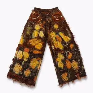 ZASTASTUDIO Upcycled Shredded Denim Wide Leg Pants - Gold/red