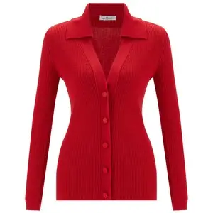PERALUNA Polo V-neck Ribbed Knit Cardigan