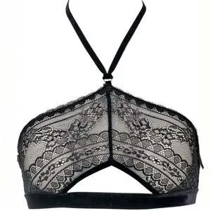 LES JUPONS DE TESS Leavers Lace, Velvet Ribbon Bandeau Bra Fatale - Black