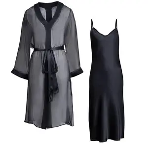 JE MÉRITE (I DESERVE) Silk Chiffon Nightdress & Silk Slip Dress Set - Black