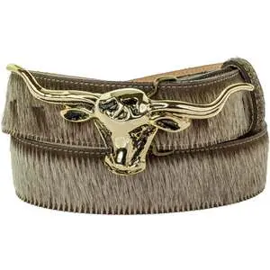 PEACHY BELTS LTD Brindle Cowhide Leather Belt With Gold Steers Head Buckle - Brown