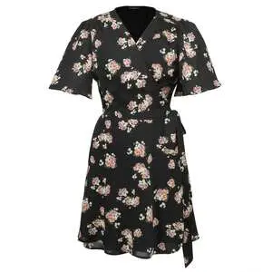 SMART AND JOY Floral Print Wrap Mini Dress - Black