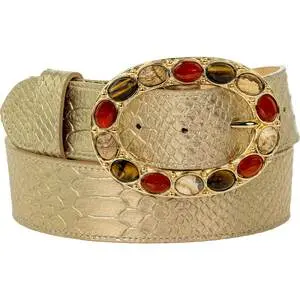 PEACHY BELTS LTD Champagne Croc Print Belt With Gemstone Buckle - Gold