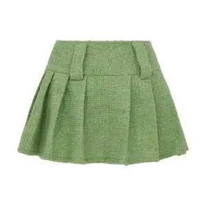 SOUR FIGS Metallic Thread Pleated Bouclé Tweed Mini Skirt - Green