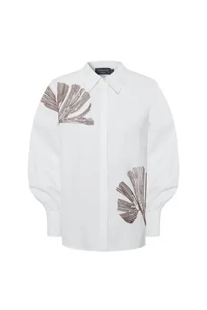 EXQUISE Cotton Floral Stitch Shirt - Beige