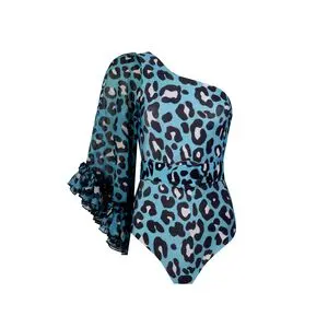 NUR KARAATA One Shoulder Swimsuit With Ruffled Sleeve And Belted Waist - Blue