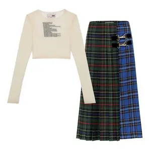 COME ON Mesh Top And Pleated Kilt Outfit - White/blue
