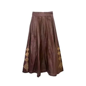 L2R THE LABEL Embellished Denim Maxi Skirt - Brown