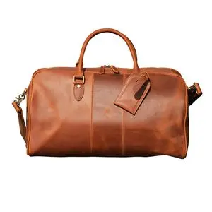 TOURI Genuine Leather Duffle Bag With Luggage Tag - Brown