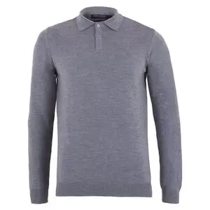 PAUL JAMES KNITWEAR Extra Fine Merino Wool Turner Long Sleeve Polo Shirt Mid - Grey