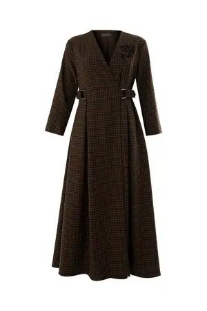 EXQUISE Notched Lapel Long Sleeve Dress - Brown