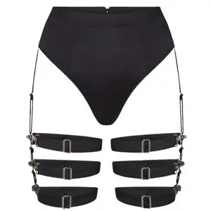 LUNATIC FEMME Supper Club High-waisted Silk Thong Harness W/ Detachable Garters - Black