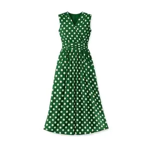 YUMI Polka Dot Mesh Wrap Skater Midi Dress With Pockets - Green