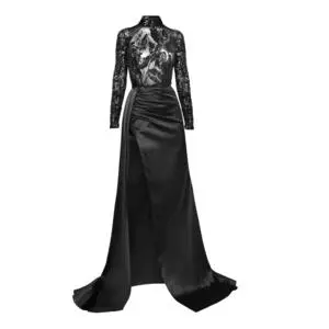 MODA GLAM Sheer Sequin Bodice Satin Gown With Sash