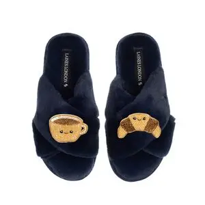 LAINES LONDON Classic Slippers With Coffee And Croissant Brooches - Blue