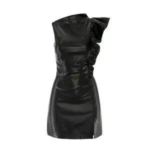 AVENUE N°29 Eco Leather Asymmetrical Mini Dress With Ruffle