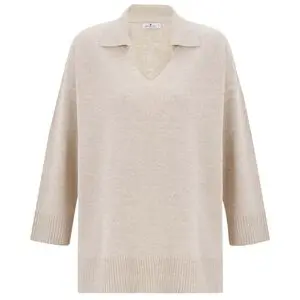 PERALUNA Knit Polo V-neck Pullover - Beige