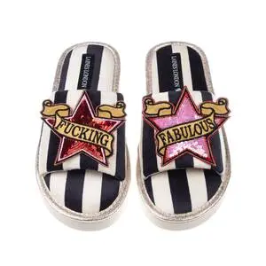 LAINES LONDON Flatform Stripe Open Toe Slippers With Brooches - Black/white