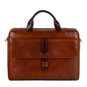 TIME RESISTANCE Large Leather Briefcase Laptop Bag - Brown