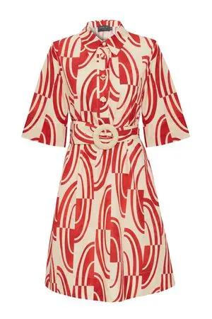 EXQUISE Abstract Print Belted Shirt Dress