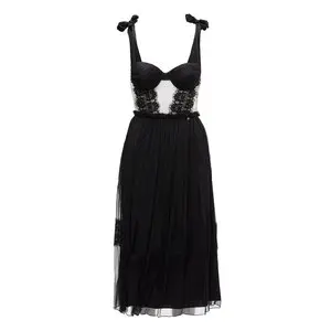 NISSA Lace Insert Silk Midi Dress - Black