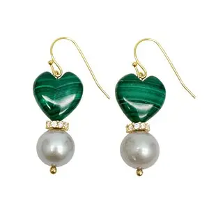 FARRA Heart Malachite And Freshwater Pearls Dangle Earrings - Green/white