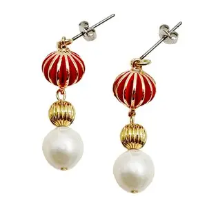 FARRA Dangle Earrings With Coral And Pearl - Red/gold/white